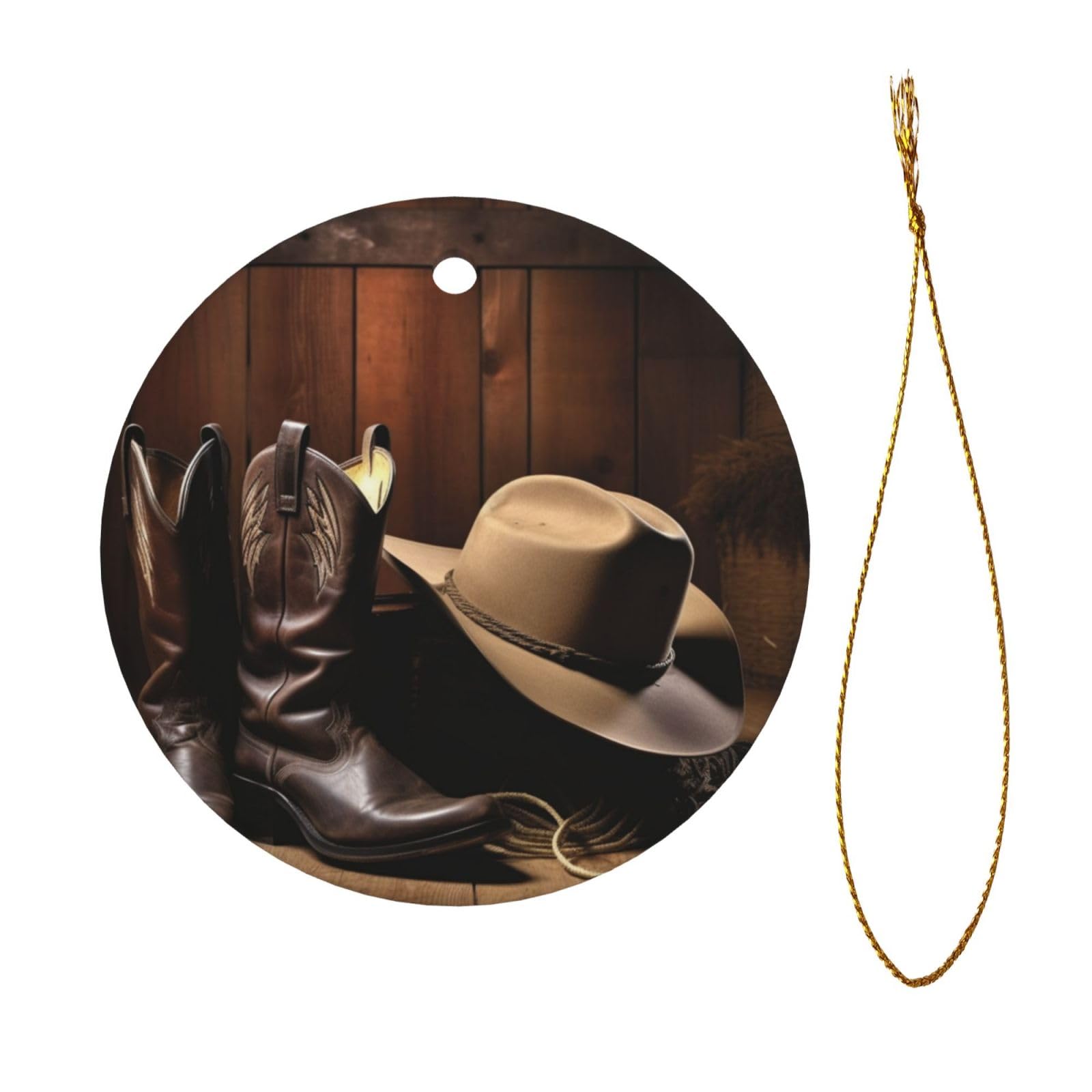 Christmas Ornaments Round Ceramic Ornaments Cowboy Black Hat Western Boots Printed Christmas Tree Ceramics Hanging Ornament for Xmas Holiday Party Decorations