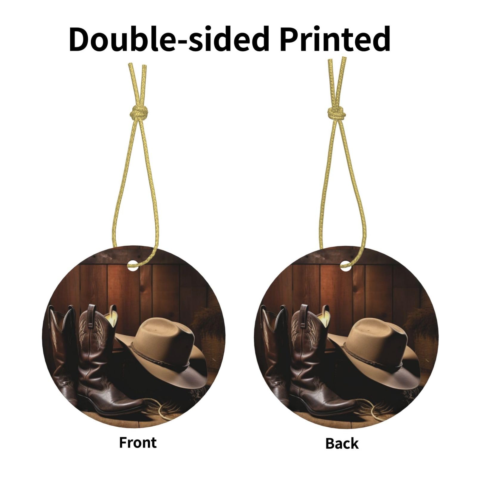 Christmas Ornaments Round Ceramic Ornaments Cowboy Black Hat Western Boots Printed Christmas Tree Ceramics Hanging Ornament for Xmas Holiday Party Decorations