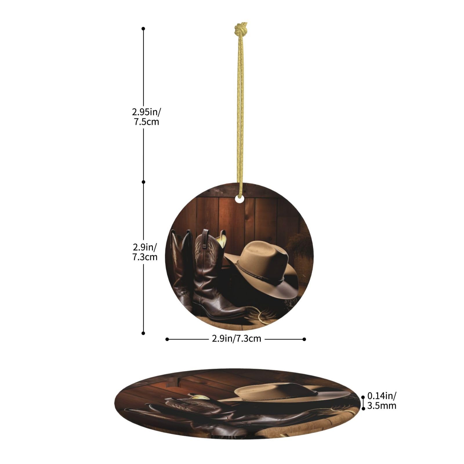 Christmas Ornaments Round Ceramic Ornaments Cowboy Black Hat Western Boots Printed Christmas Tree Ceramics Hanging Ornament for Xmas Holiday Party Decorations