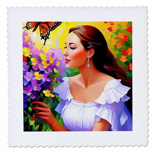 3dRose Stunning Young Lady, Purple Flowers, Summer Garden and a... - Quilt Squares (qs-379059-8)
