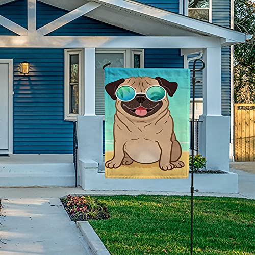 Pug Dog Welcome Garden Flag, Summer Beach Double Sided Vertical Small Yard Flags for Outdoor Lawn Decorations 12x18"