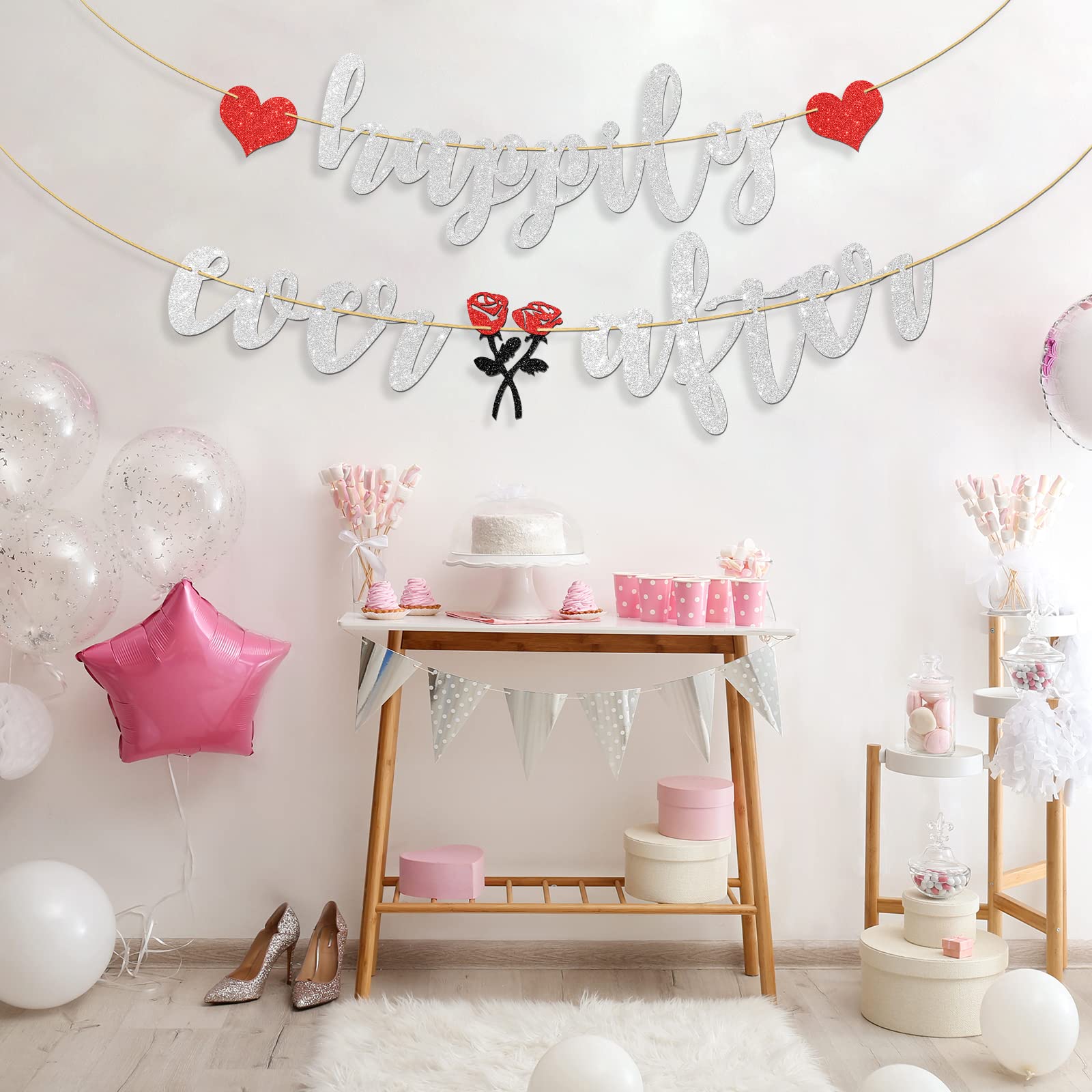 Happily Ever After Banner Silver Glitter, Bridal Shower Banner, Wedding Engagement Decorations, Bachelorette Party Decoration