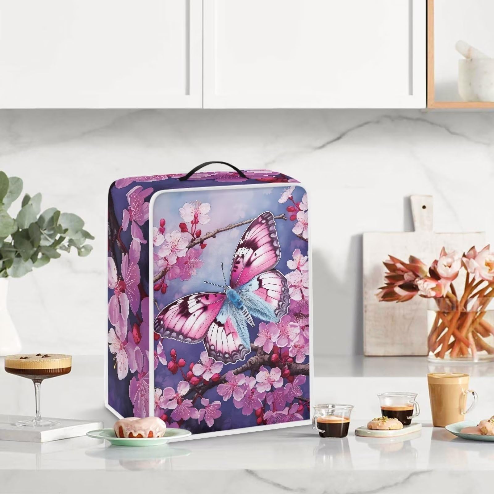 Flashideas Pink Butterfly Coffee Machine Dust Cover Dust Protection Coffee Maker Appliance Cover for Kitche with Top Handle Home Kitchen Decor Tabletop Decorations Gifts for Friends