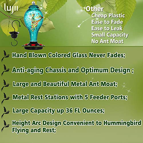 LUJII Hummingbird Feeder, Hand Blown Glass Hummingbird Feeder, Never Fade, 36 Fluid Ounces, 5 Feeding Metal Stations, Much Bigger, Garden Backyard Decorative, Containing Ant Moat (Blue)
