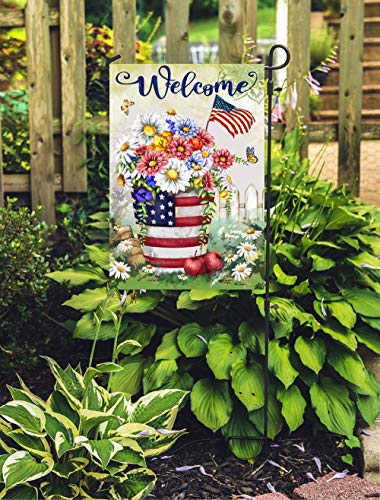 Texupday Welcome America Patriotic Floral Daisy Spring Summer Garden Flag Outdoor Yard Flag 12" x 18"