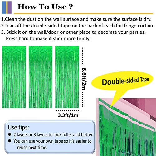 Vanujoy 3 Pack 3.3ft x 6.6ft Green Foil Fringe Backdrop Curtains Party Decoration for Birthday Bachelorette Party Engagement Bridal Shower Baby Shower Graduation