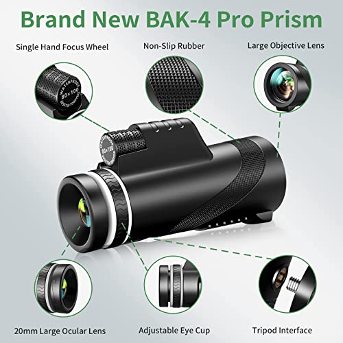 80x100 HD Monocular Telescope, Dawdory High Power Monocular for Adults with Smartphone Adapter & Tripod, Night Vision Monocular for Hunting Star Watching Bird Watching Wildlife Camping Hiking (Black)