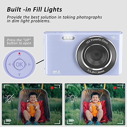 Digital Camera 4K 44MP Compact Point and Shoot Camera with 16X Digital Zoom 32GB SD Card,Kids Camera 2.4 Inch, Vlogging Camera for Teens Students Boys Girls Seniors(Purple2)