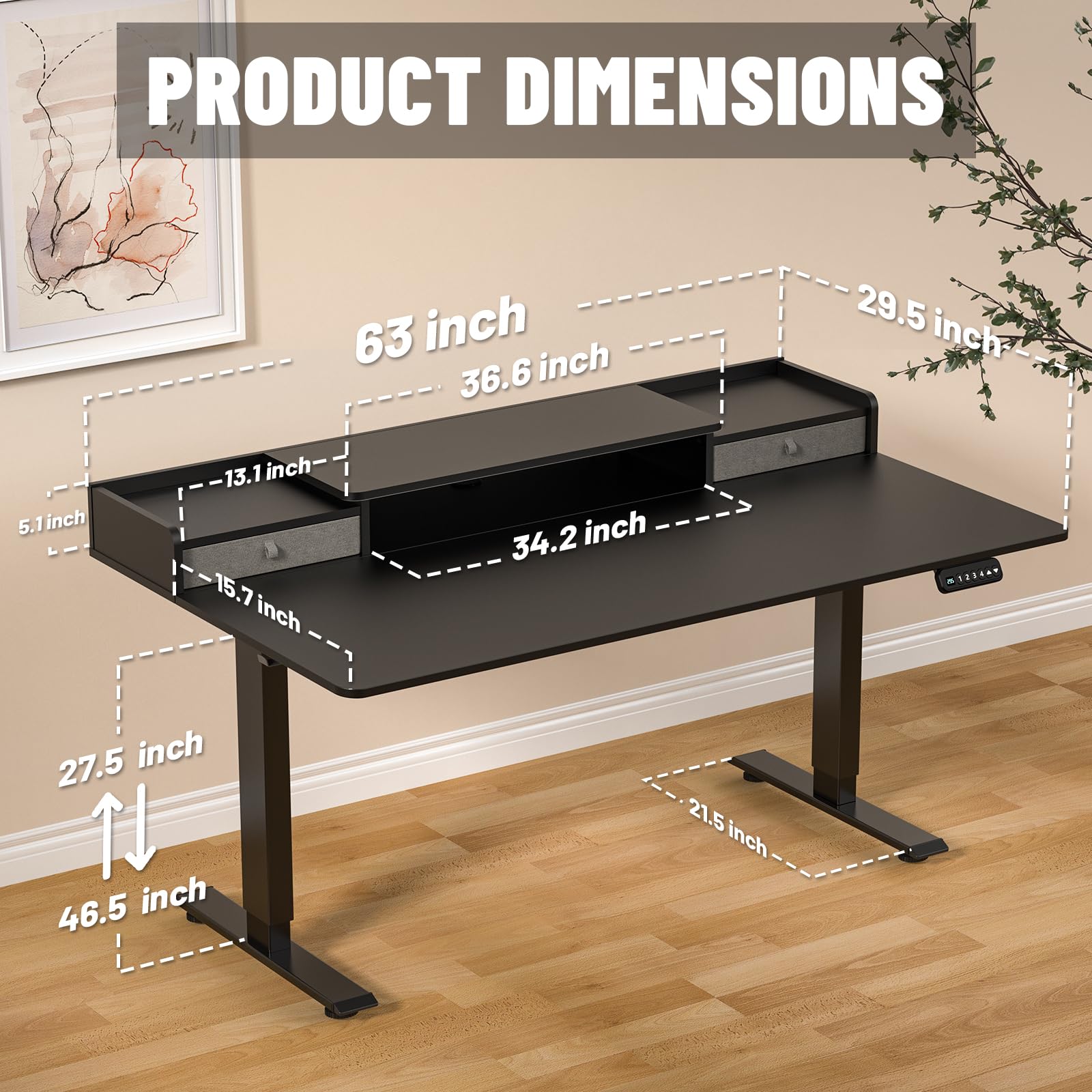 ExaDesk 63×30 Inch Electric Standing Desk with 2 Drawers, Adjustable Height Widened Stand Up Desk with Storage Shelf, Sit to Stand Ergonomic Workstation for Home Office