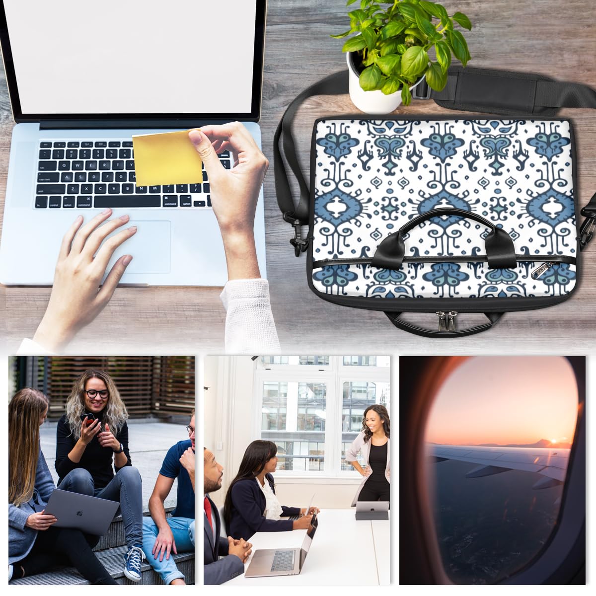 Vintage Ethnic Pattern Laptop Computer Bag Waterproof Shoulder Messenger Bag 13-15 inch Durable Laptop Tote Bag with Shoulder Strap Handle Lightweight Crossbody Briefcase