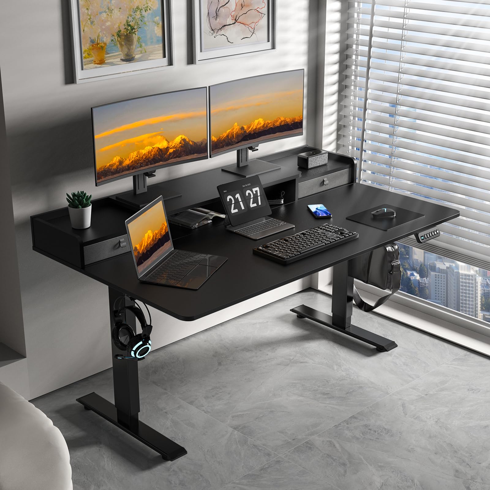 ExaDesk 63×30 Inch Electric Standing Desk with 2 Drawers, Adjustable Height Widened Stand Up Desk with Storage Shelf, Sit to Stand Ergonomic Workstation for Home Office