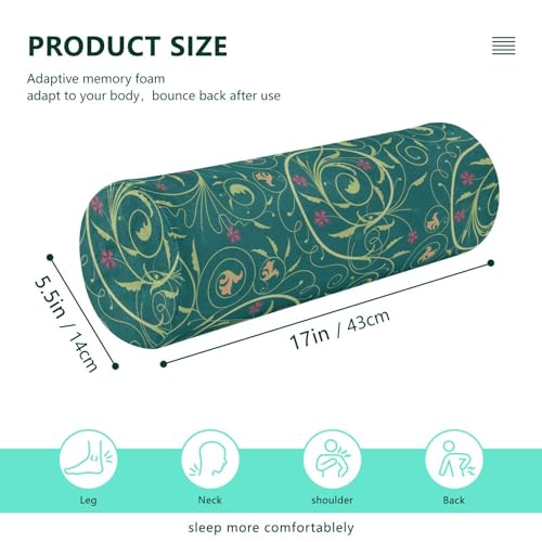 xigua Green Leaves Neck Roll Pillow for Neck Relief with Removable Washable Cover - Memory Foam Round Cylinder Bolster, Ergonomically Designed for Head, Neck, Back, and Legs