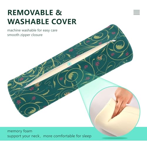 xigua Green Leaves Neck Roll Pillow for Neck Relief with Removable Washable Cover - Memory Foam Round Cylinder Bolster, Ergonomically Designed for Head, Neck, Back, and Legs