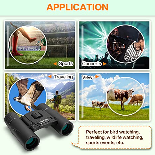 100x25 High Power Compact Binoculars with Clear Low Light Vision, Large Eyepiece Waterproof Binocular for Adults Kids, Easy Focus Bird Watching, Outdoor, Hunting, Travel