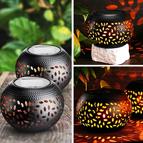 2 Pcs Solar Table Lantern Outdoor Waterproof Flickering Flame Solar Powered LED Light Black Decorative Metal Outdoor Lamp for Outside Indoor Desk Tabletop Bedroom Patio Garden Pathway Yard