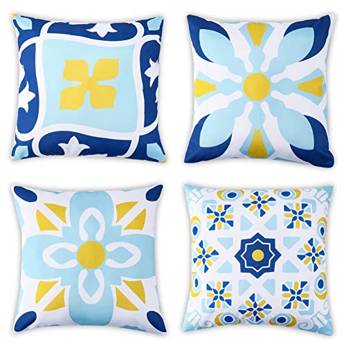 Outdoor Throw Pillow Covers Waterproof, Set of 4 Outdoor Pillows Waterproof, Boho Waterproof Cushion Covers, Outdoor Throw Pillow Case for Outdoor Patio Garden Sofa - 18 x 18 Inches Blue