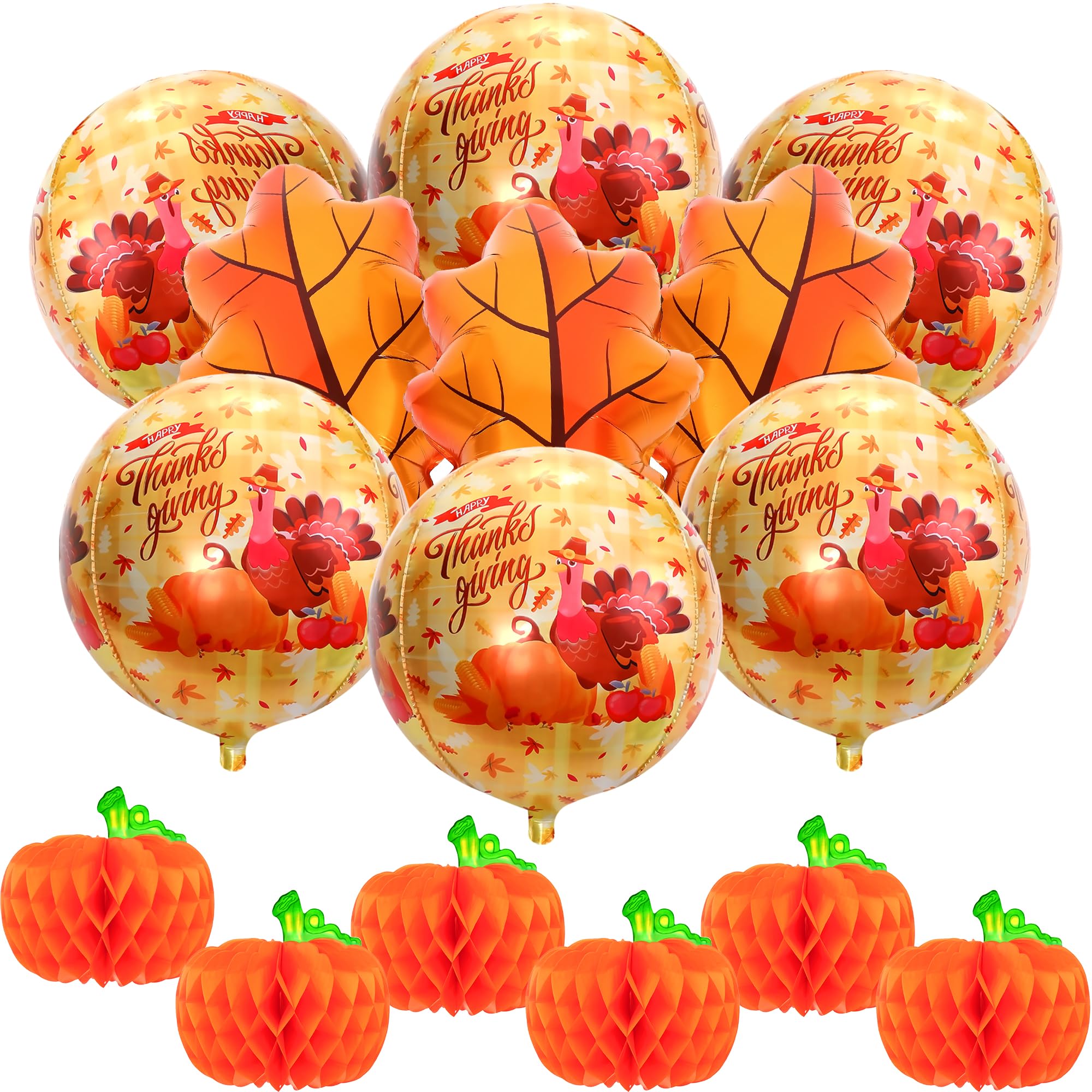 KatchOn, Thanksgiving Turkey Balloons - Large 22 Inch, Pack of 6 | Maple Leaf Fall Balloons - Giant, 27 Inch, Honeycomb Pumpkin Centerpiece for Table - Big 10 Inch, Pack of 6, Thanksgiving Decorations