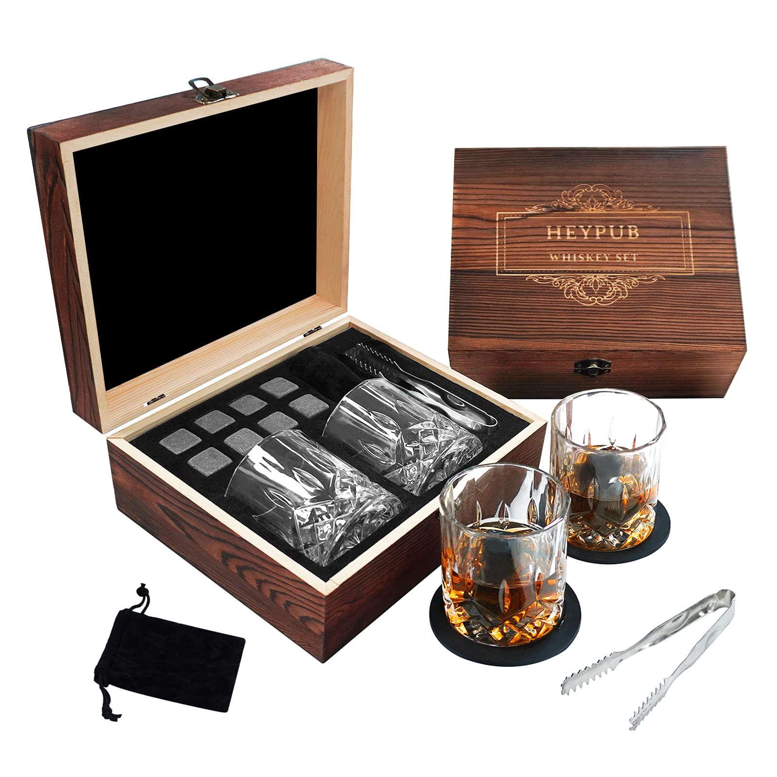 HEYPUB Whiskey Stones Gift Set,Whiskey Glasses Set 8 Granite Chilling Whisky Rocks, 2 Bourbon Glasses ,Best Drinking Gifts for Men Dad Husband Birthday Anniversary Present,Plus 2 Free Coasters.
