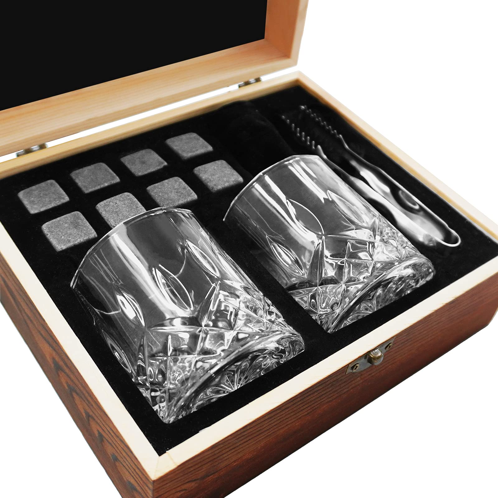 HEYPUB Whiskey Stones Gift Set,Whiskey Glasses Set 8 Granite Chilling Whisky Rocks, 2 Bourbon Glasses ,Best Drinking Gifts for Men Dad Husband Birthday Anniversary Present,Plus 2 Free Coasters.