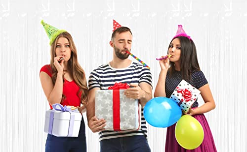 Muhome White Foil Fringe Curtain, 4PCS 3.28FT x 8.2FT Tinsel Door Curtains & 1 Masking Tape Fringe Backdrop for Wedding Birthday Bridal Shower Bachelorette Easter Party Decorations