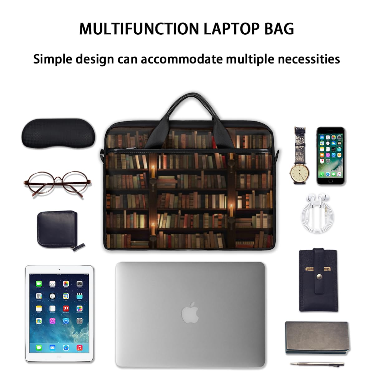 Vintage Bookshelf Laptop Computer Bag Waterproof Shoulder Messenger Bag 13-15 inch Durable Laptop Tote Bag with Shoulder Strap Handle Lightweight Crossbody Briefcase