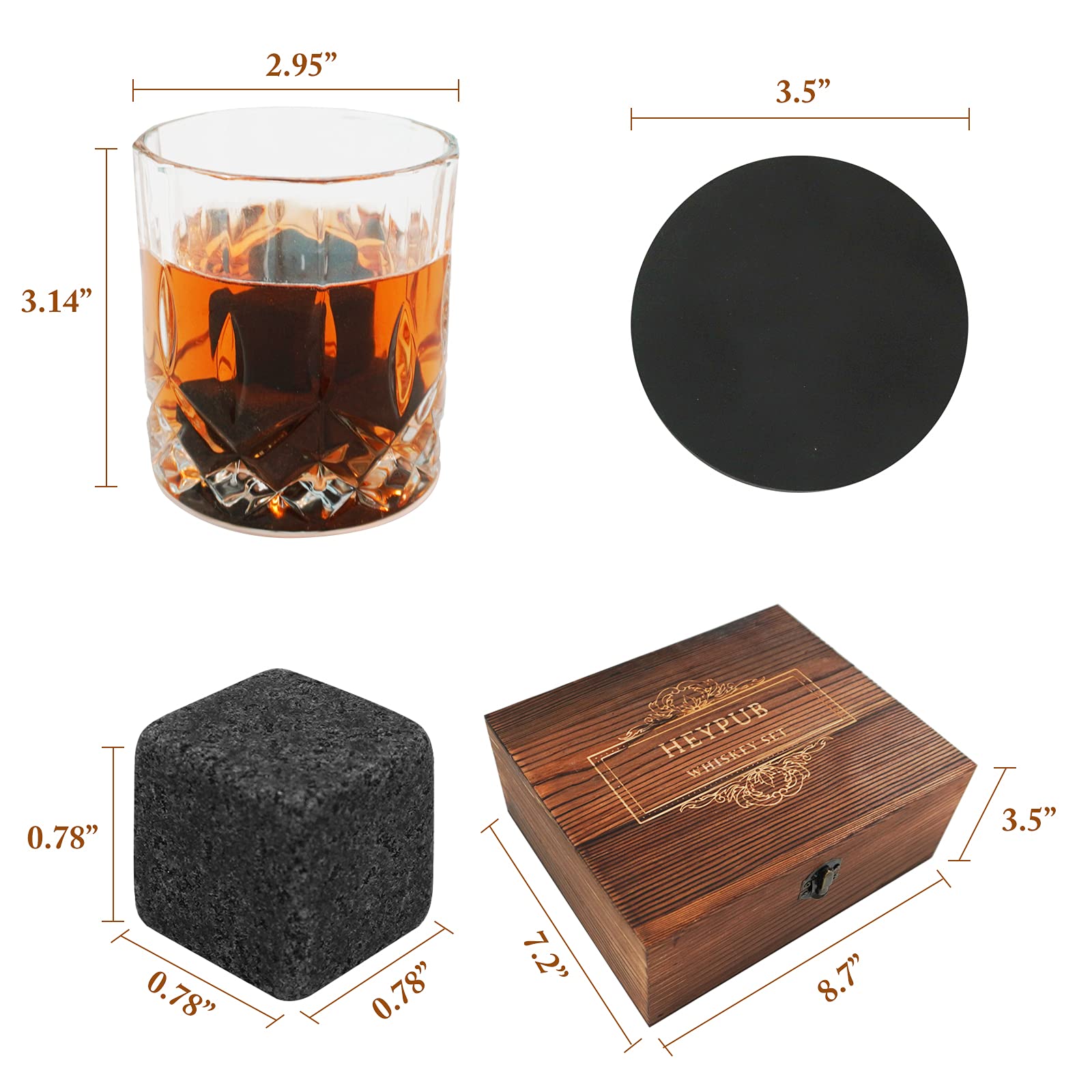 HEYPUB Whiskey Stones Gift Set,Whiskey Glasses Set 8 Granite Chilling Whisky Rocks, 2 Bourbon Glasses ,Best Drinking Gifts for Men Dad Husband Birthday Anniversary Present,Plus 2 Free Coasters.
