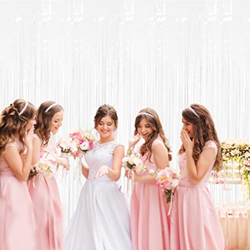 Muhome White Foil Fringe Curtain, 4PCS 3.28FT x 8.2FT Tinsel Door Curtains & 1 Masking Tape Fringe Backdrop for Wedding Birthday Bridal Shower Bachelorette Easter Party Decorations