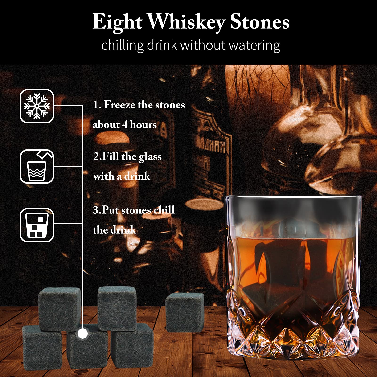 HEYPUB Whiskey Stones Gift Set,Whiskey Glasses Set 8 Granite Chilling Whisky Rocks, 2 Bourbon Glasses ,Best Drinking Gifts for Men Dad Husband Birthday Anniversary Present,Plus 2 Free Coasters.