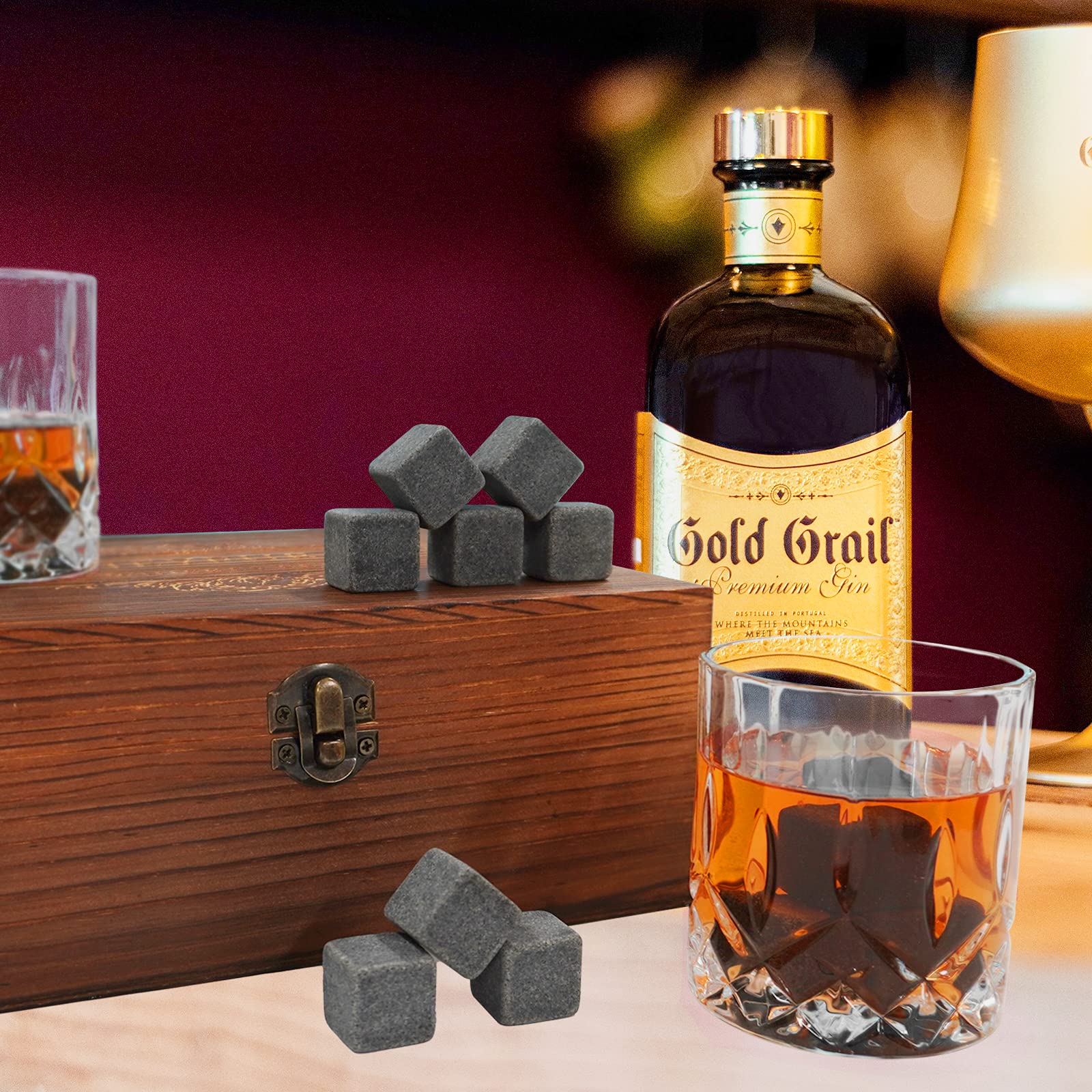 HEYPUB Whiskey Stones Gift Set,Whiskey Glasses Set 8 Granite Chilling Whisky Rocks, 2 Bourbon Glasses ,Best Drinking Gifts for Men Dad Husband Birthday Anniversary Present,Plus 2 Free Coasters.