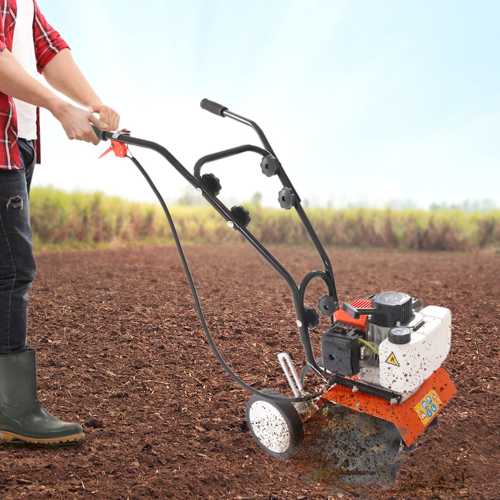 Tiller Cultivator, 43cc 2-Cycle Viper Engine, 0-3.94β Adjustable Height, 3.94β Max Depth, Overhand Handlebars, Lightweight