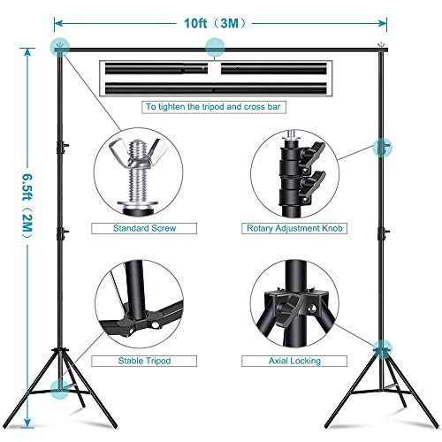 MsMk Photo Video Studio Backdrop Stand with 8 Spring & 4 Clips, 6.5ft x 10ft Adjustable Muslin Background Support System Kit with Sand Bag, Carry Bag for Photography Studio