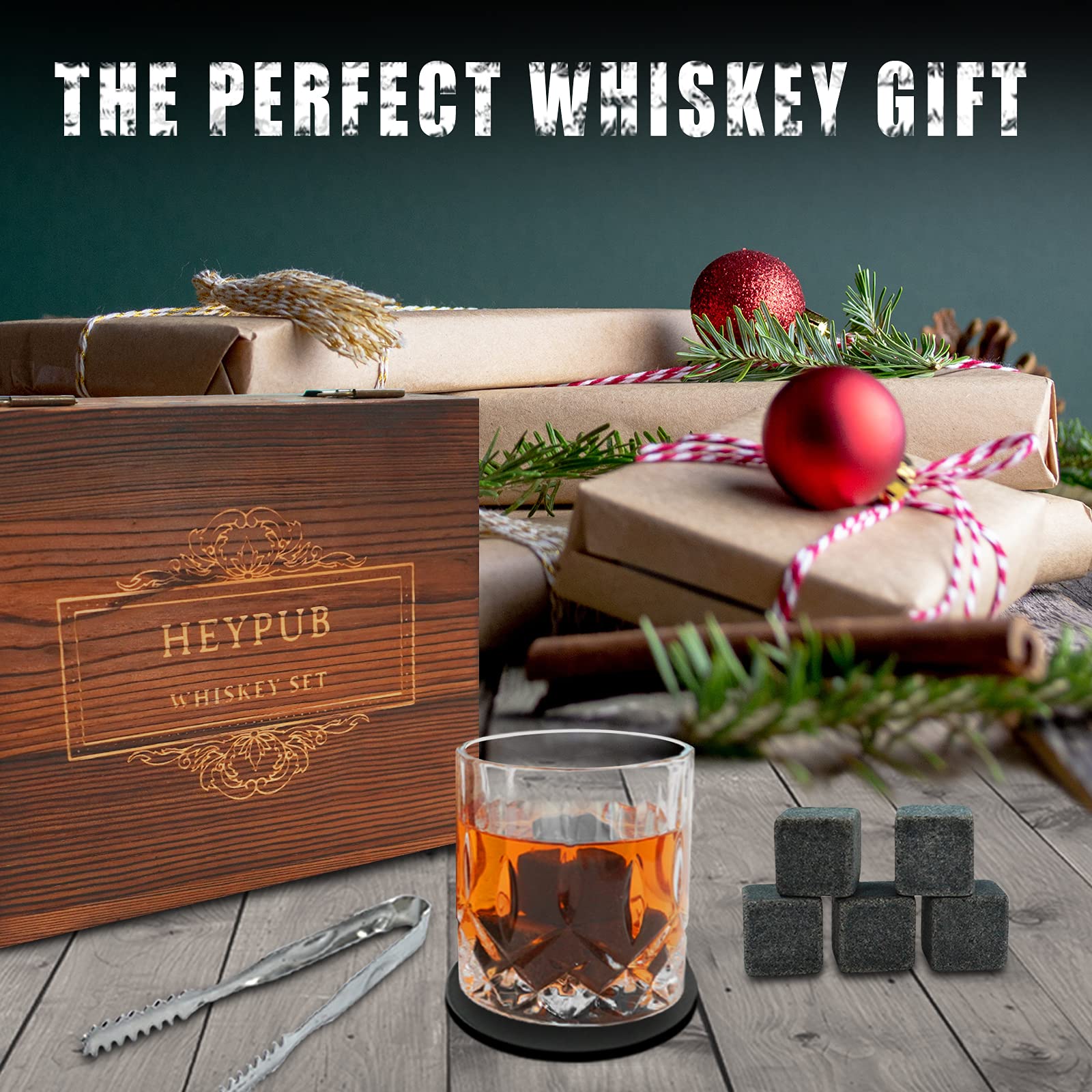 HEYPUB Whiskey Stones Gift Set,Whiskey Glasses Set 8 Granite Chilling Whisky Rocks, 2 Bourbon Glasses ,Best Drinking Gifts for Men Dad Husband Birthday Anniversary Present,Plus 2 Free Coasters.