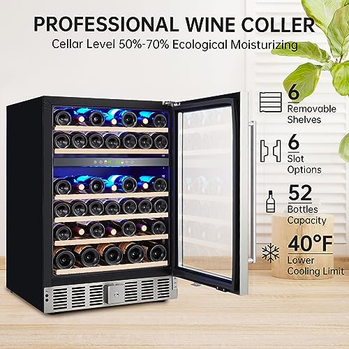 Garvee 52 Bottles Wine Fridge, Dual Zone Wine Cooler Refrigerator with 40~64°F Digital Temperature Control Compressor and Safety Lock, All Wood Removable Shelves, Stainless Steel Body, 4.8 Cu.Ft