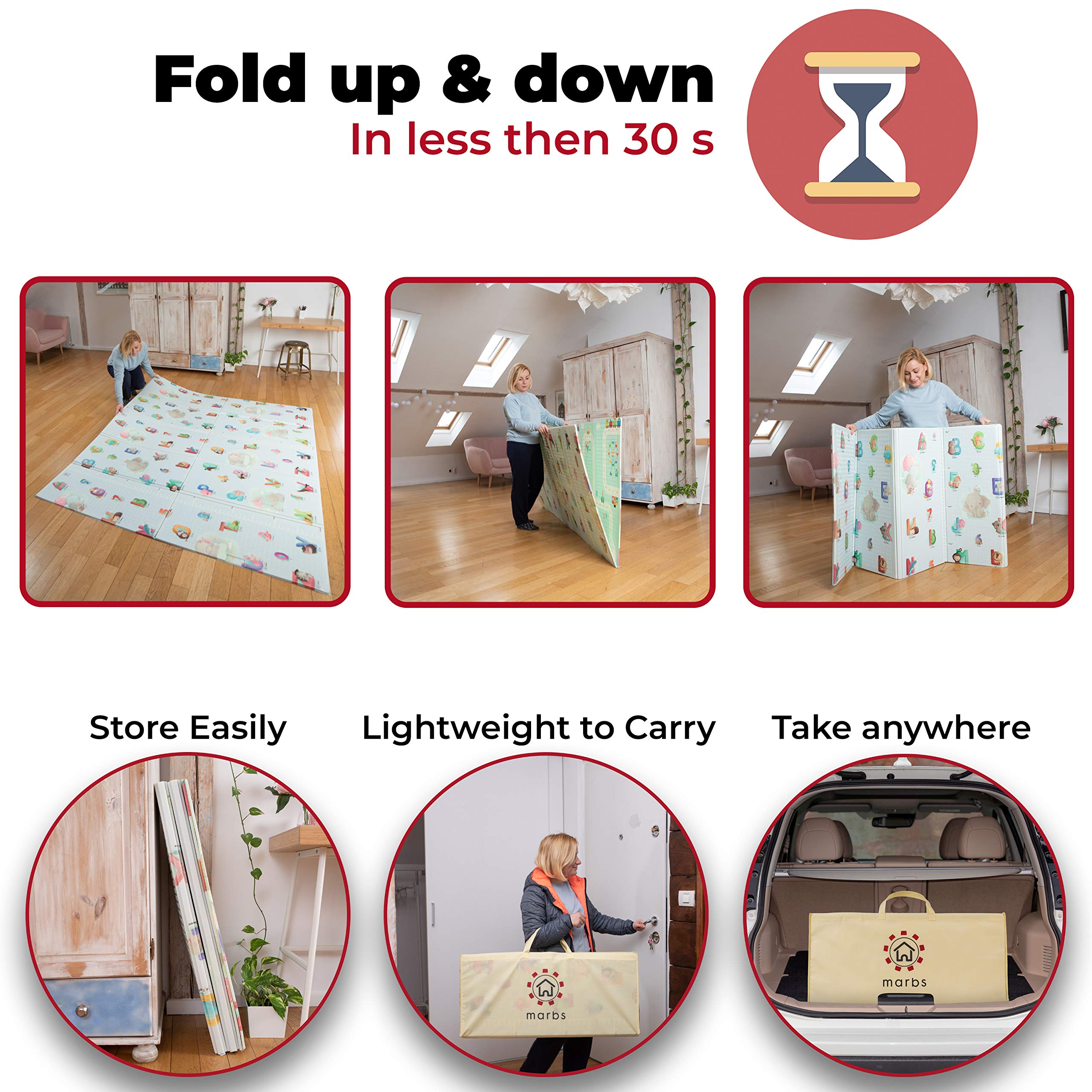 MARBS Baby Play Mat -Extra Large 77"x70"- Anti-Slip & Waterproof - Foldable Play Mat for Baby ( 0-3+ ), Double Sided , 2 Designs to Improve Learning & Focus , Thick Foam Mat for Kids