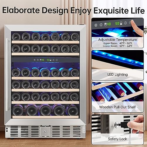 Garvee 52 Bottles Wine Fridge, Dual Zone Wine Cooler Refrigerator with 40~64°F Digital Temperature Control Compressor and Safety Lock, All Wood Removable Shelves, Stainless Steel Body, 4.8 Cu.Ft