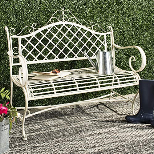 Safavieh PAT5017A Collection Adina Antique White Wrought Iron 51.25" Outdoor Garden Bench