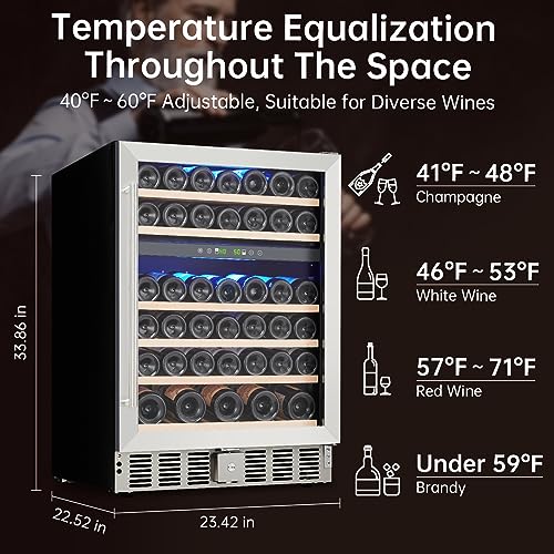 Garvee 52 Bottles Wine Fridge, Dual Zone Wine Cooler Refrigerator with 40~64°F Digital Temperature Control Compressor and Safety Lock, All Wood Removable Shelves, Stainless Steel Body, 4.8 Cu.Ft