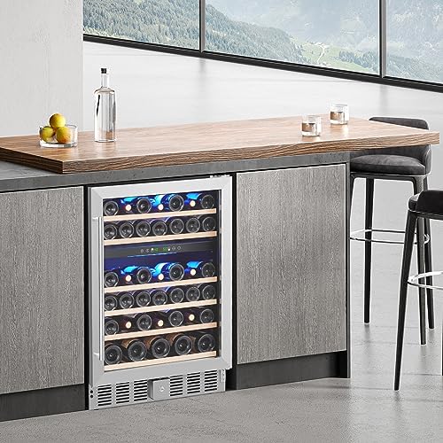 Garvee 52 Bottles Wine Fridge, Dual Zone Wine Cooler Refrigerator with 40~64°F Digital Temperature Control Compressor and Safety Lock, All Wood Removable Shelves, Stainless Steel Body, 4.8 Cu.Ft