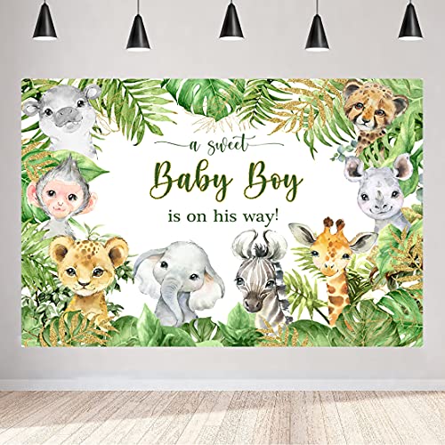 Aperturee 5x3ft Jungle Safari Animals Bbay Shower Backdrop Baby Boy is On His Way It's a Boy Photography Background Green Leaves Photo Booth Studio Cake Table Banner Party Decorations Props Supplies