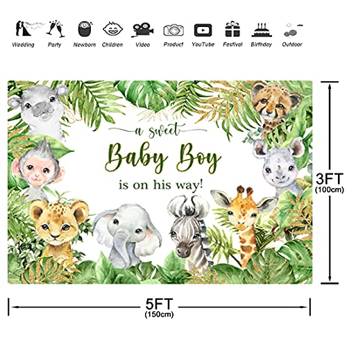 Aperturee 5x3ft Jungle Safari Animals Bbay Shower Backdrop Baby Boy is On His Way It's a Boy Photography Background Green Leaves Photo Booth Studio Cake Table Banner Party Decorations Props Supplies