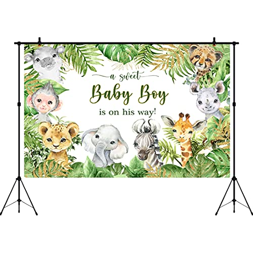 Aperturee 5x3ft Jungle Safari Animals Bbay Shower Backdrop Baby Boy is On His Way It's a Boy Photography Background Green Leaves Photo Booth Studio Cake Table Banner Party Decorations Props Supplies