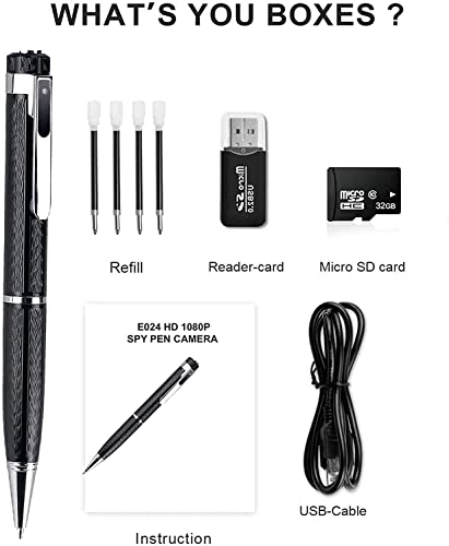 Hidden Spy Camera Pen,with HD 1080P Video Recorder Security Cam with USB Cable, 32GB Micro SD Card, Card Reader, 5 Refills for Business, Conference, Securit