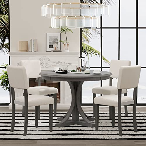 Goozio 5-Piece Retro Round Dining Table Set with Curved Trestle Style Legs and 4 Upholstered Chairs for Kitchen Room,Dark Gray