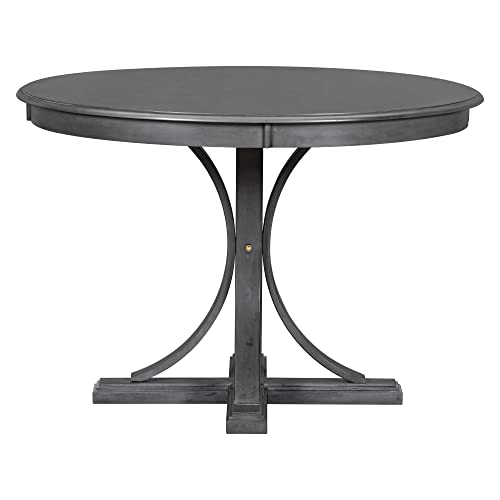 Goozio 5-Piece Retro Round Dining Table Set with Curved Trestle Style Legs and 4 Upholstered Chairs for Kitchen Room,Dark Gray
