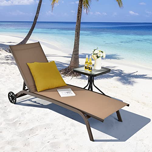 Giantex Patio Lounge Chairs for Pool Area, Outdoor Chaise Lounger with 6 Adjustable Position Smooth Wheels and Quick-Drying Fabric, Lawn Recliner for Backyard, Garden Sunbathing Chair (1, Brown)