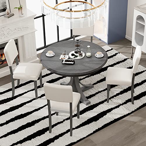 Goozio 5-Piece Retro Round Dining Table Set with Curved Trestle Style Legs and 4 Upholstered Chairs for Kitchen Room,Dark Gray