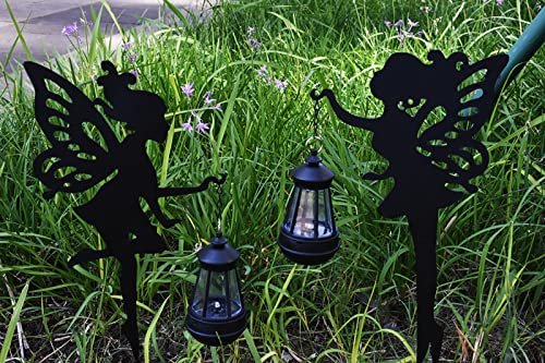Poweka Fairy Garden Decor Solar Light, Metal Statues Solar Landscape Lights Outdoor Waterproof Hanging Lantern for Lawn Patio Yard Walkway Front Porch Decoration (2Pack)