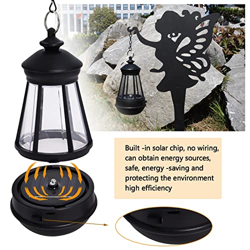 Poweka Fairy Garden Decor Solar Light, Metal Statues Solar Landscape Lights Outdoor Waterproof Hanging Lantern for Lawn Patio Yard Walkway Front Porch Decoration (2Pack)