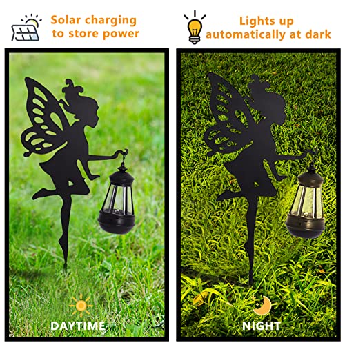 Poweka Fairy Garden Decor Solar Light, Metal Statues Solar Landscape Lights Outdoor Waterproof Hanging Lantern for Lawn Patio Yard Walkway Front Porch Decoration (2Pack)