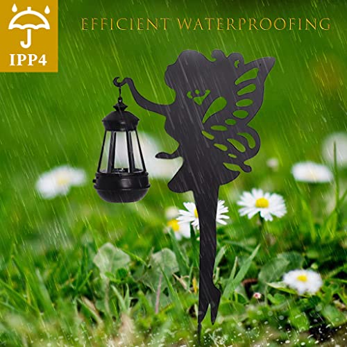 Poweka Fairy Garden Decor Solar Light, Metal Statues Solar Landscape Lights Outdoor Waterproof Hanging Lantern for Lawn Patio Yard Walkway Front Porch Decoration (2Pack)